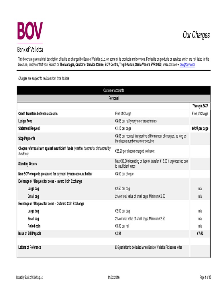 Tariff of Charges 11022016 | PDF | Euro | Debit Card