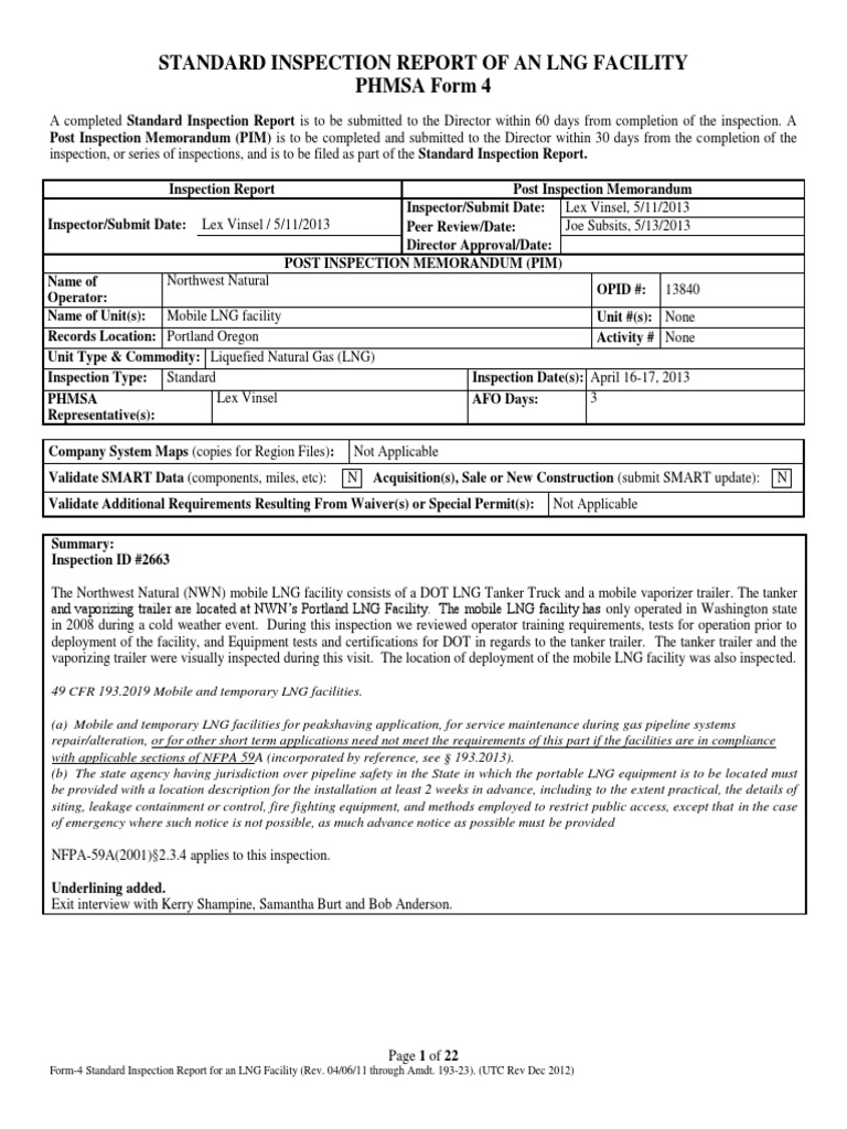 Standard Inspection Report For The LNG Facilites | PDF | Liquefied ...