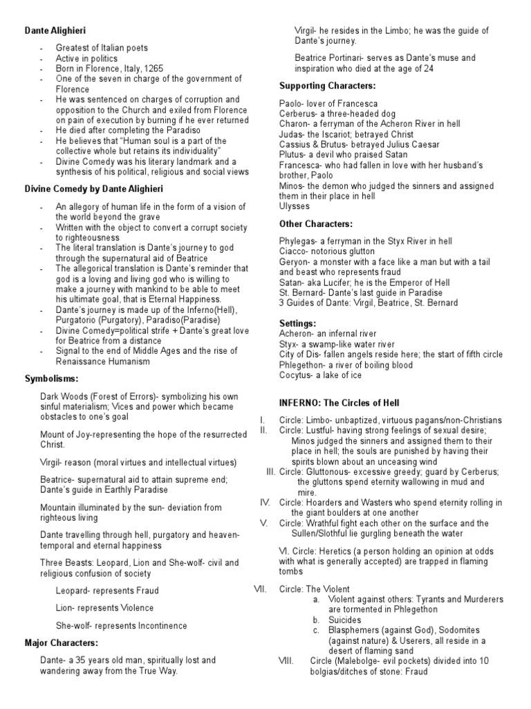 Divine Comedy Notes | PDF | Inferno (Dante) | Divine Comedy