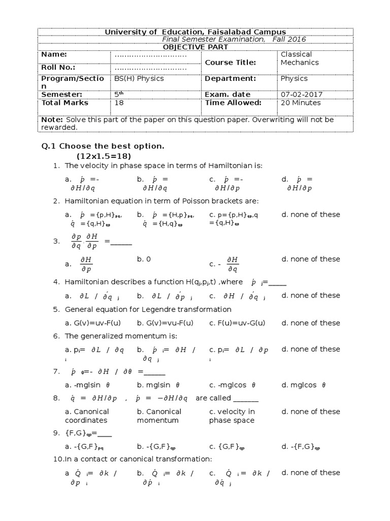 Final Exam Classical Mechanics | PDF | Hamiltonian Mechanics ...