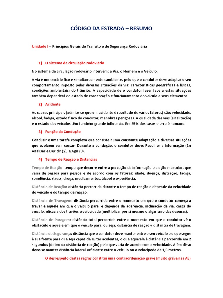 Código Da Estrada - Resumo PDF | PDF | Rodovia de acesso controlado ...