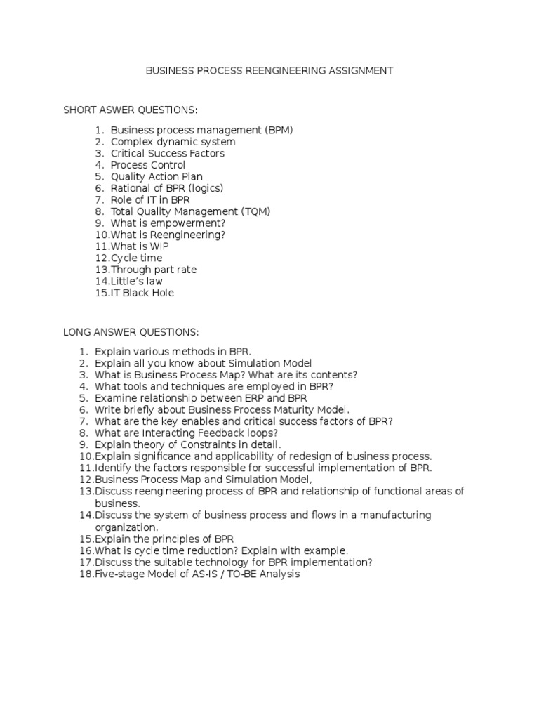 Business Process Reengineering Important Questions 1 | PDF | Business ...