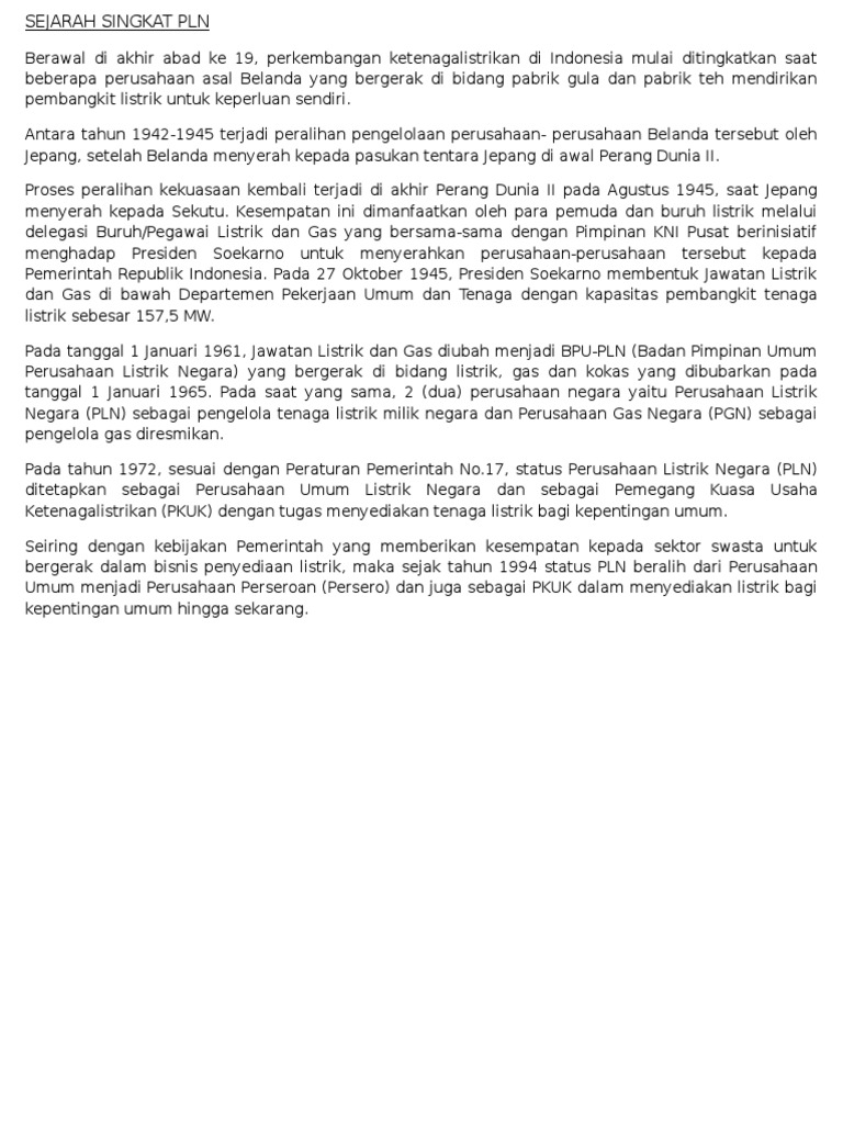 Sejarah Singkat PLN di Indonesia | PDF