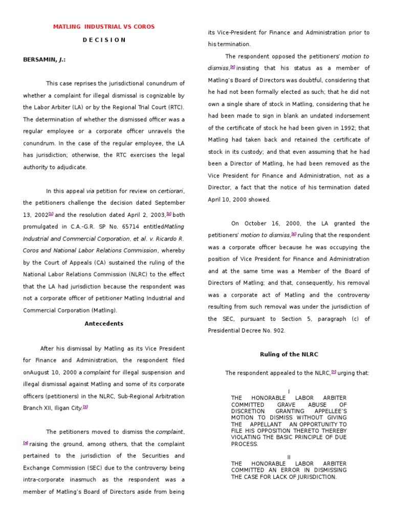 Matling Industrial Vs Coros | PDF | Board Of Directors | Jurisdiction
