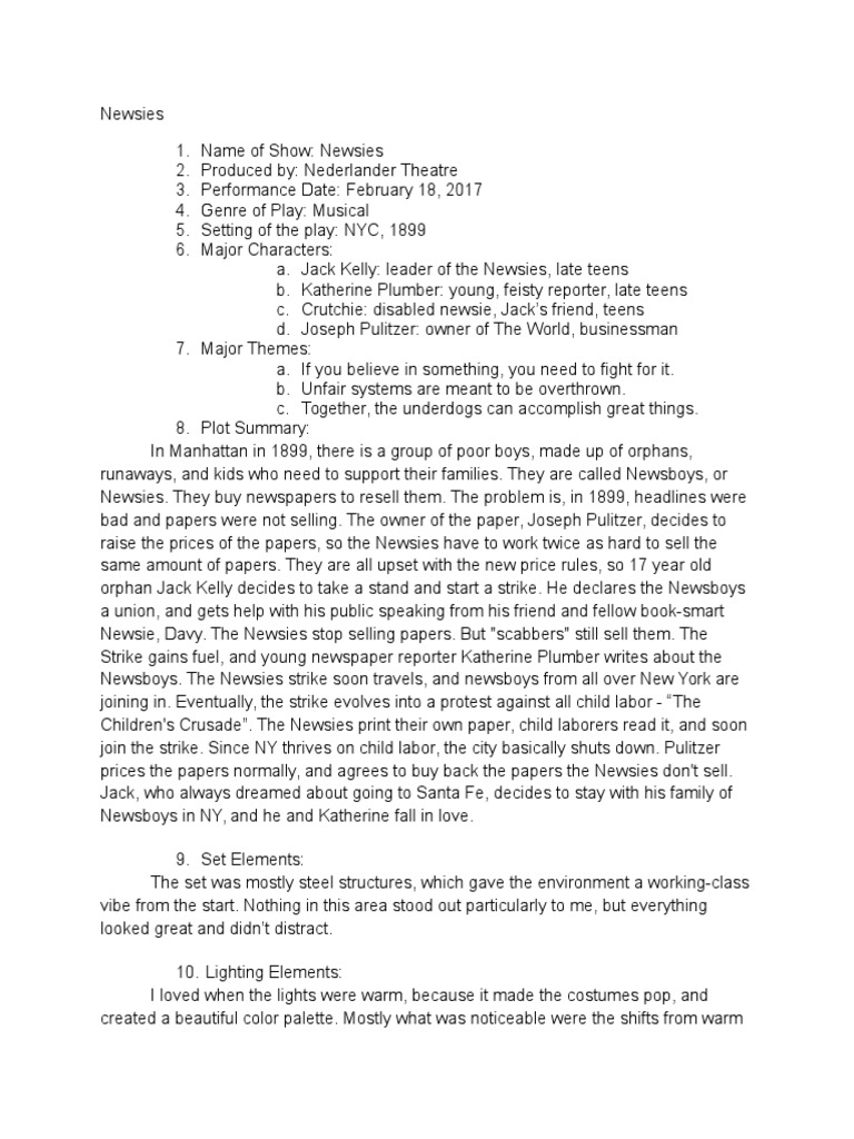 Newsies Analysis | PDF | Theatre | Leisure