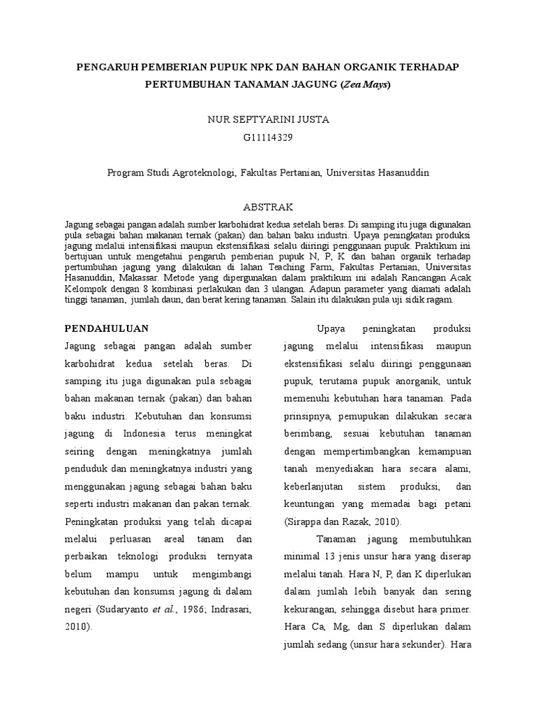 Pengaruh Pemberian Pupuk NPK Dan Bahan Organik Terhadap Pertumbuhan Tanaman Jagung | PDF | Griya ...