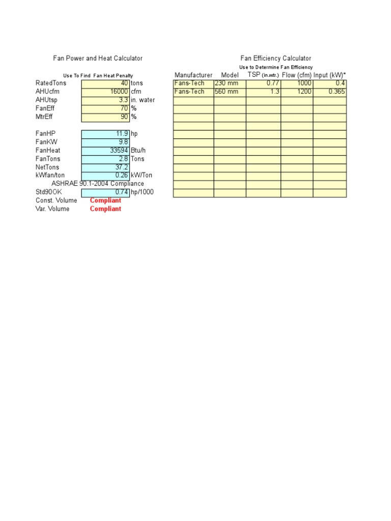 Fan Power and Heat Calculator | PDF | Horsepower | Electric Motor