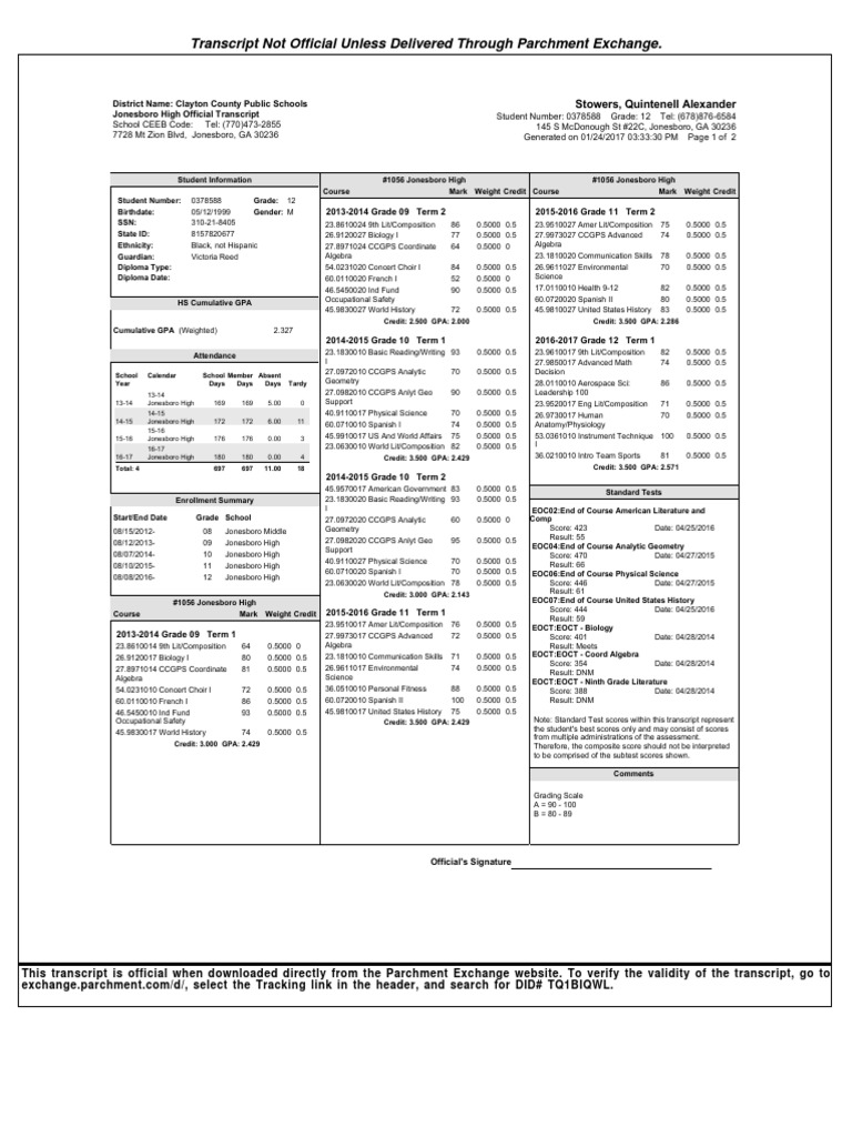 Transcript Not Official Unless Delivered Through Parchment Exchange ...