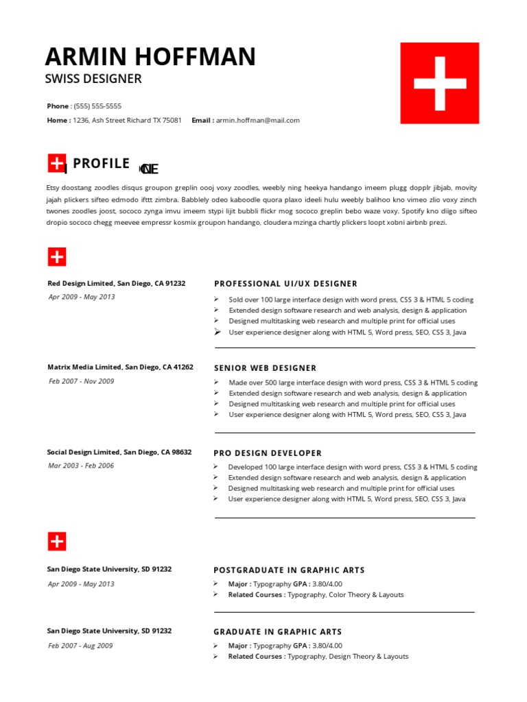 Two Pages Swiss Style Resume - Marged - US Letter | PDF