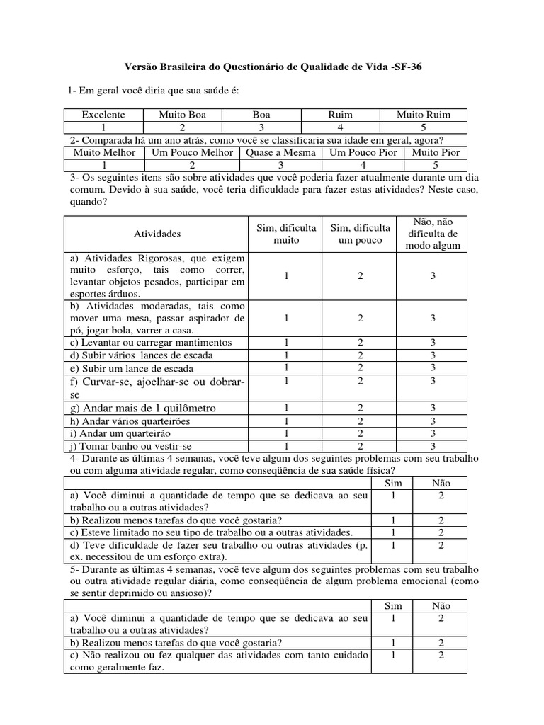 Escala Qualidade de Vida SF-36 PDF | Tempo | Dor