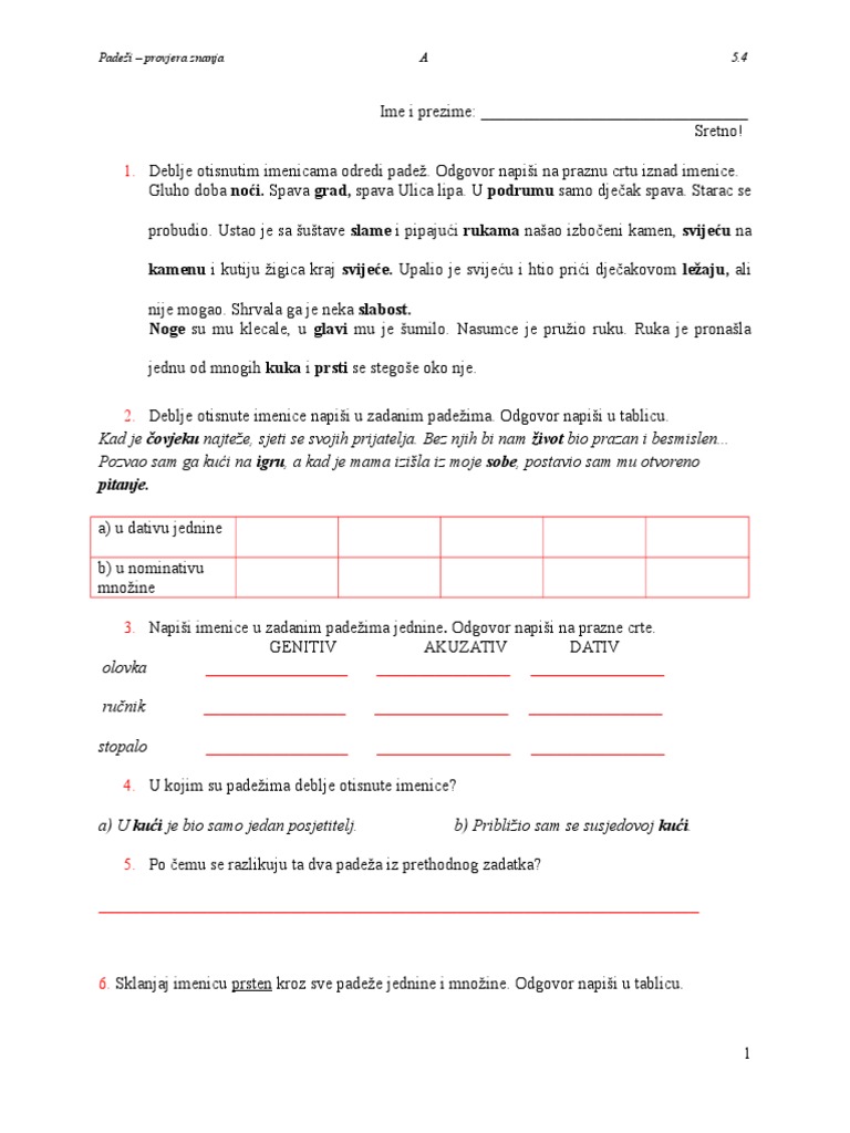 5 R Kontrolni Padeži A | PDF