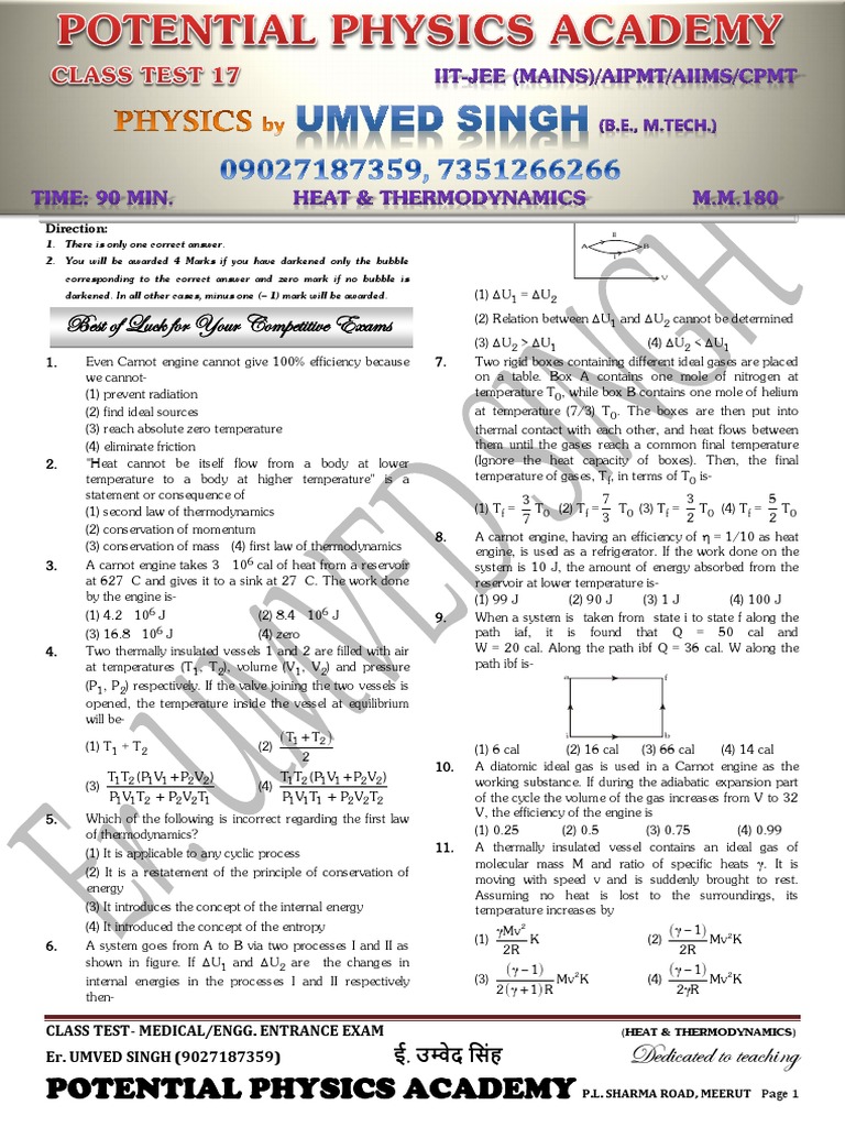 Test 17 Heat & Thermodynamics | PDF | Temperature | Heat
