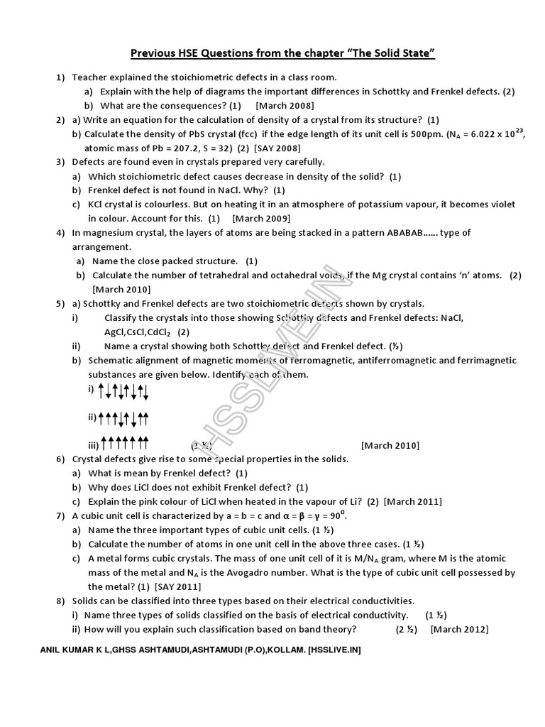 HSE Solid State Questions & Answers | PDF | Crystal Structure | Crystallography