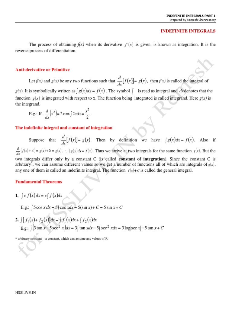 Indefinite Integrals Overview | PDF | Sine | Integral