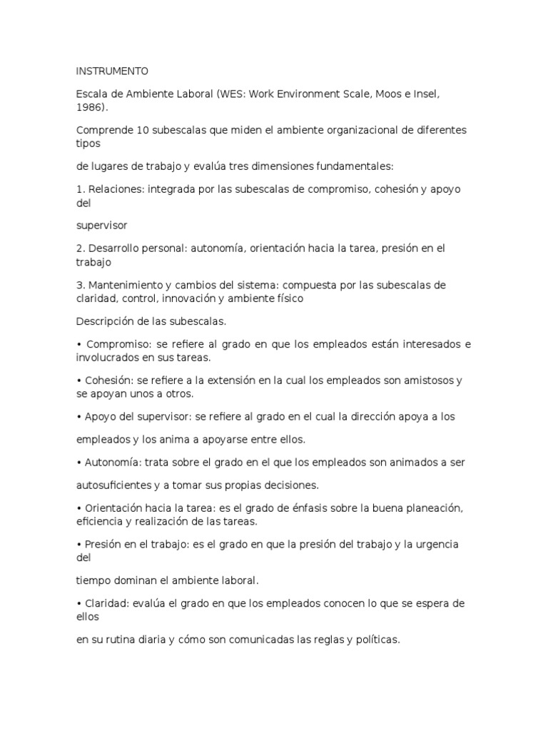 WES o Work Environment Scale O Escala de Clima Social en El Trabajo ...