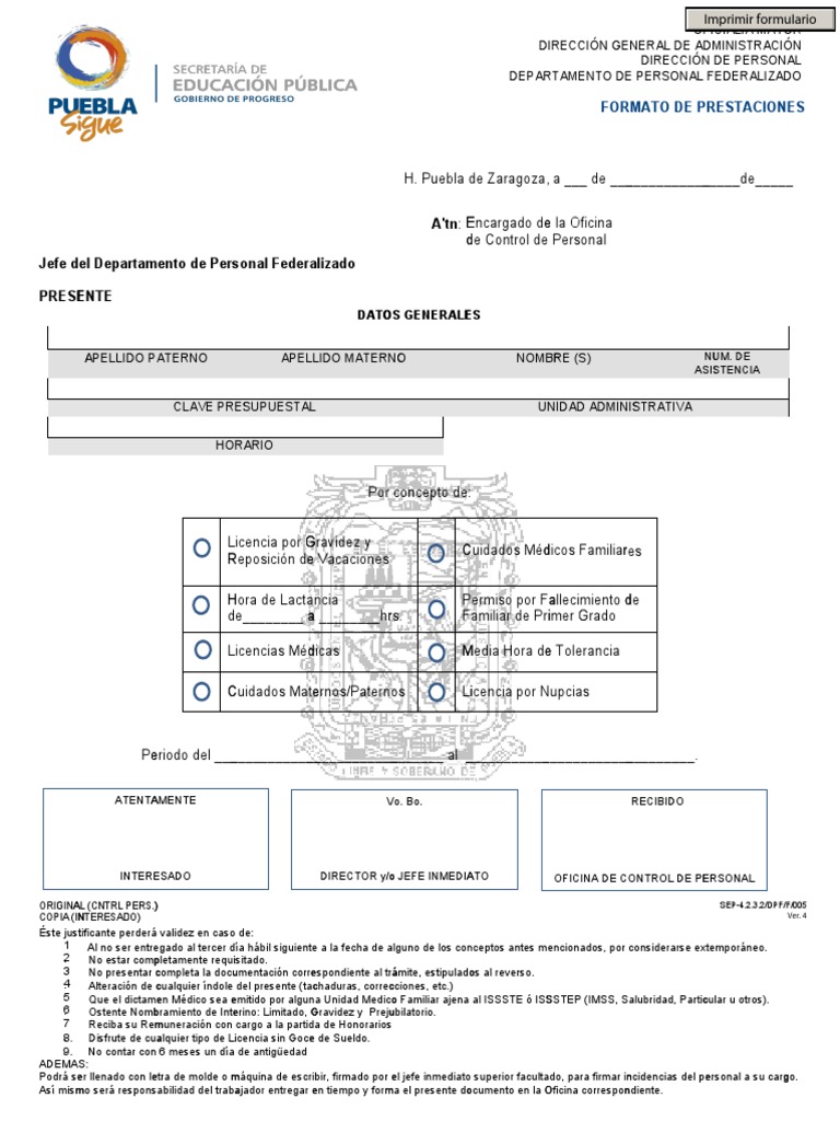 FORMATO SEP Prestaciones 2017 | Educación primaria | Jardín de infancia