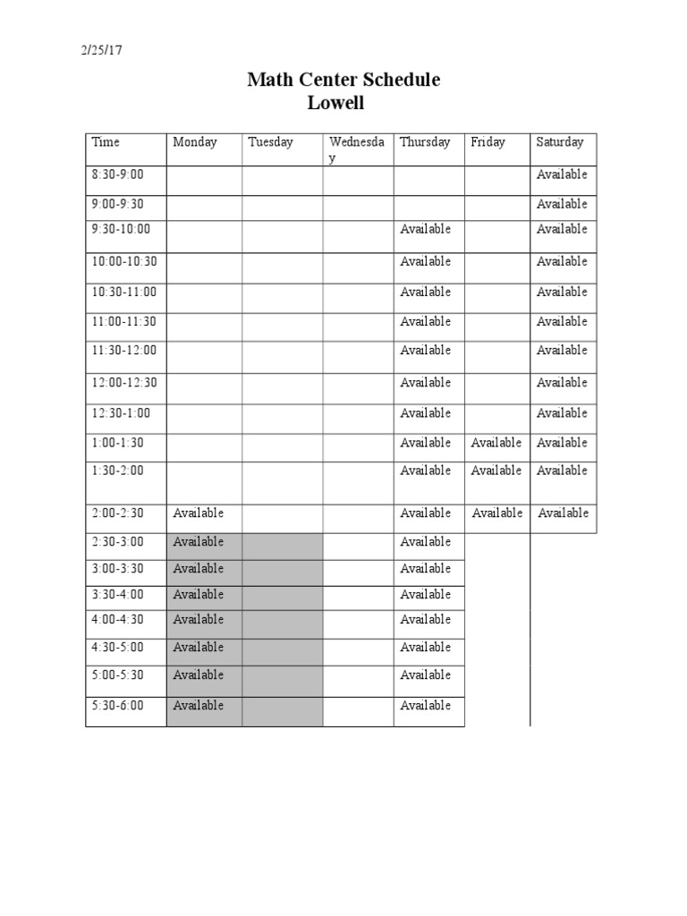 Math Center Schedule LOWELL | PDF