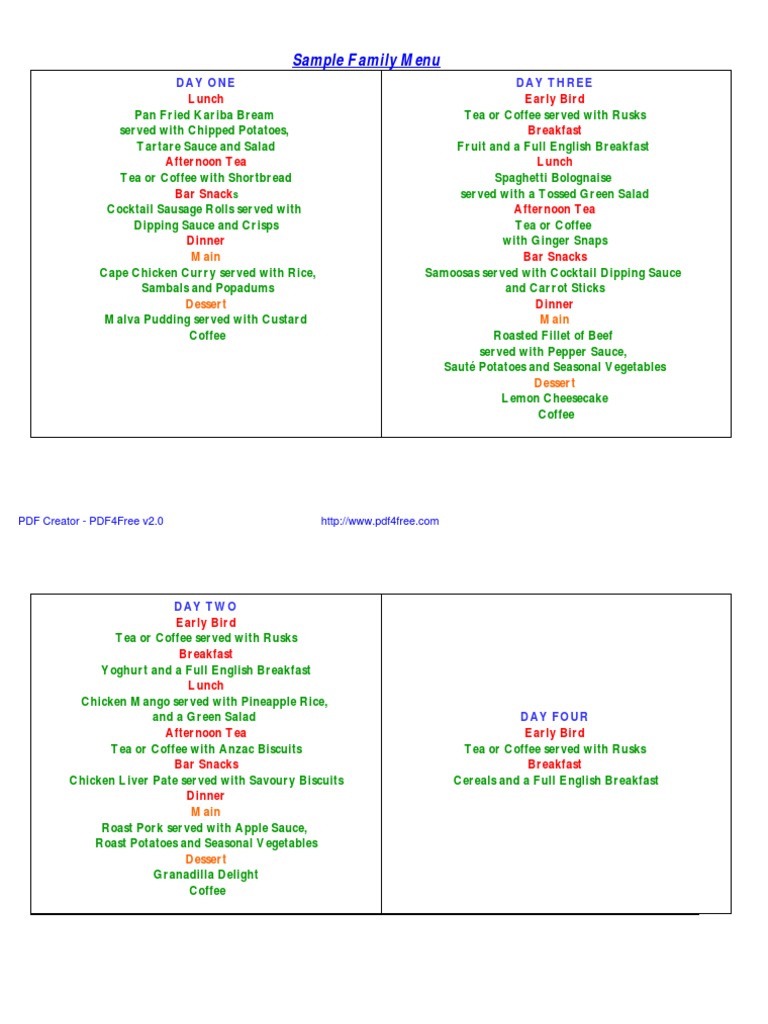 Sample Family Menu: Lunch Early Bird Breakfast Lunch Afternoon Tea Bar ...