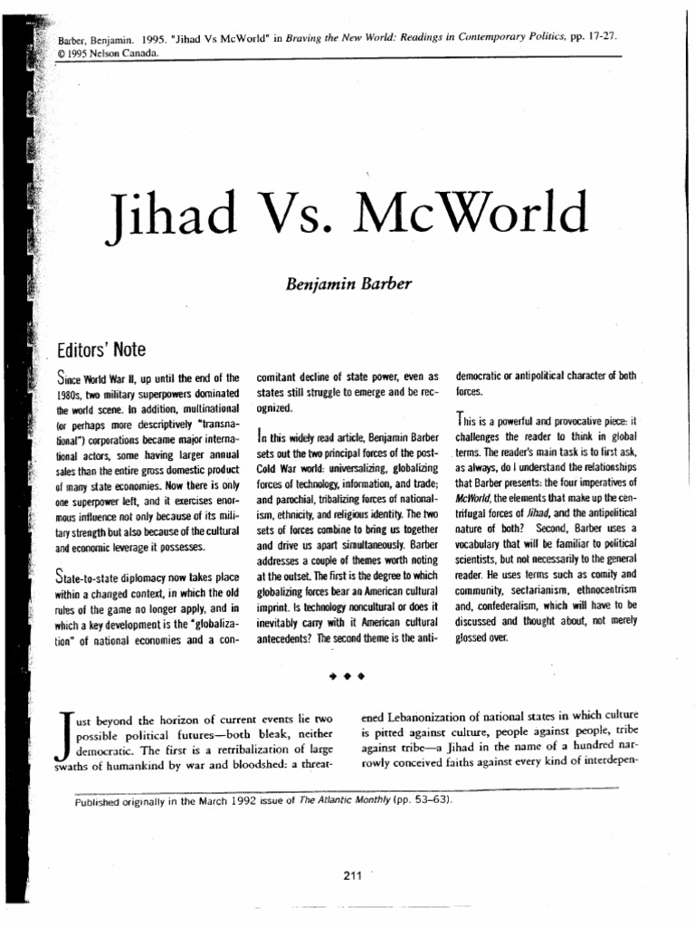 Jihad vs. McWorld - Barber PDF | PDF | Democracy | Political Ideologies