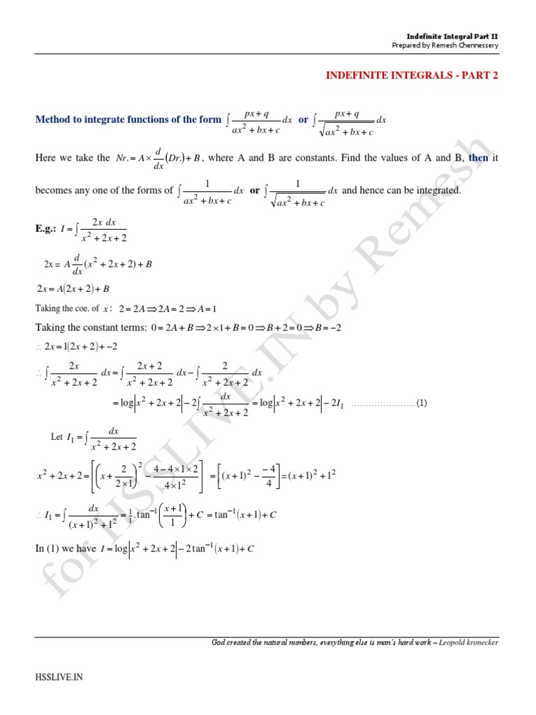 XII Chap7 Indefinite Integral Study Material Part 2 Hsslive | PDF | Mathematical Relations ...