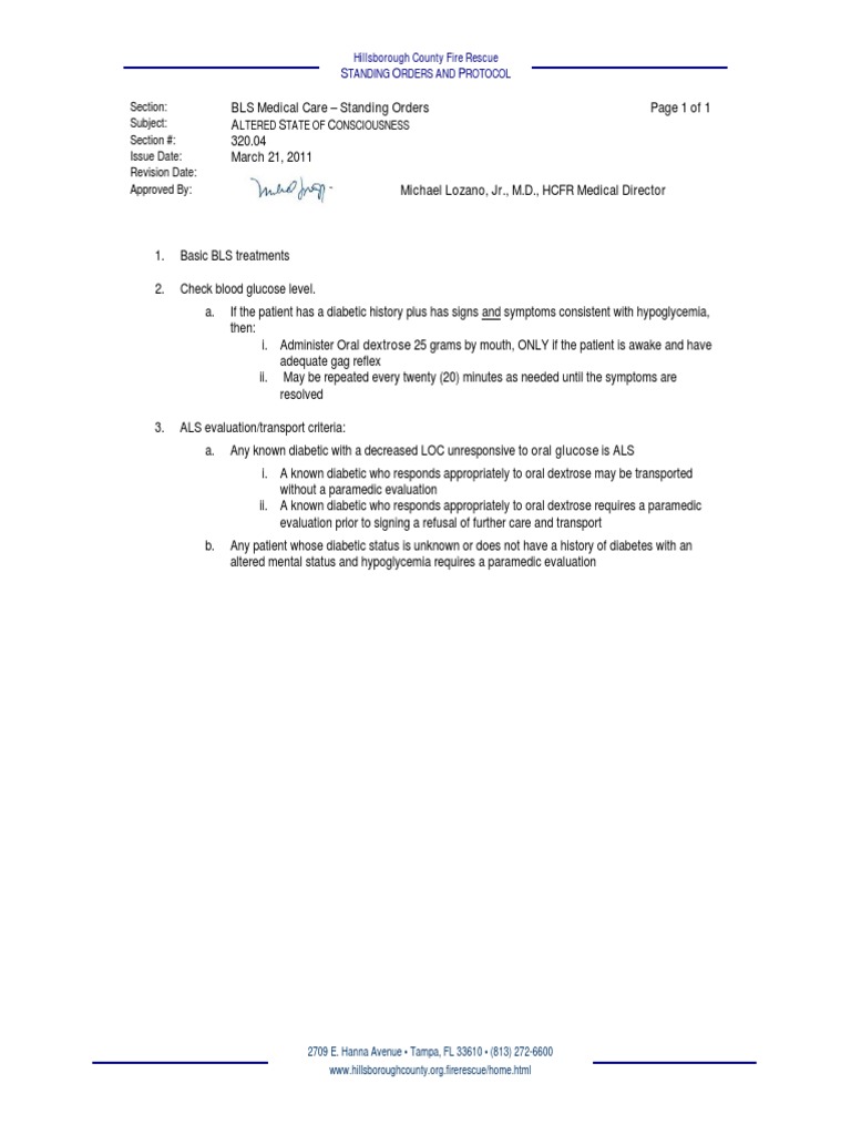 BLS Medical Care - Standing Orders Page 1 of 1 A S C 320.04 March 21 ...