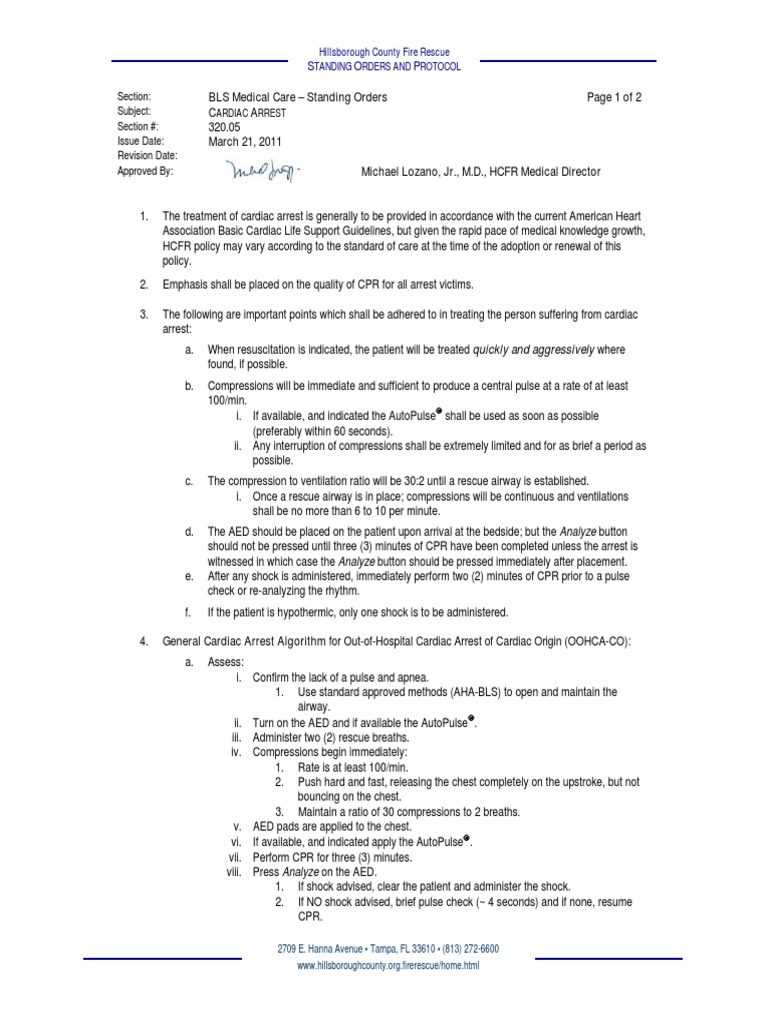 BLS Medical Care - Standing Orders Page 1 of 2 C A 320.05 March 21 ...