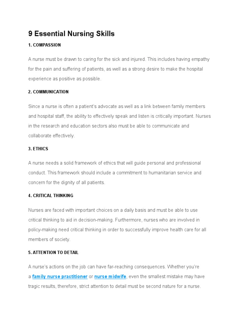 9 Essential Nursing Skills | PDF | Critical Thinking | Nursing
