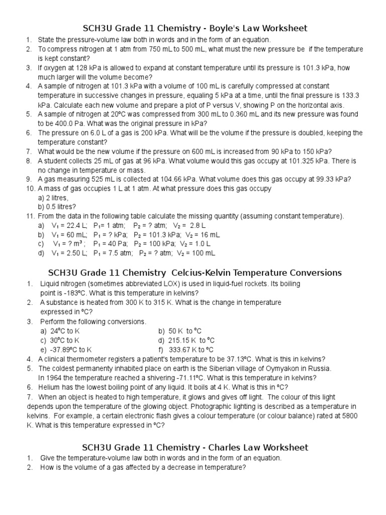 Grade 11 Gas Laws Worksheet | PDF | Gases | Litre
