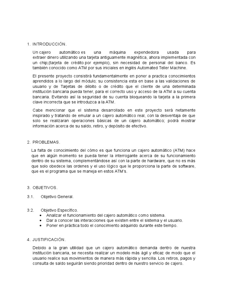 Informe Proyecto Cajero Autom | PDF | Tarjeta de débito | Cajero automático