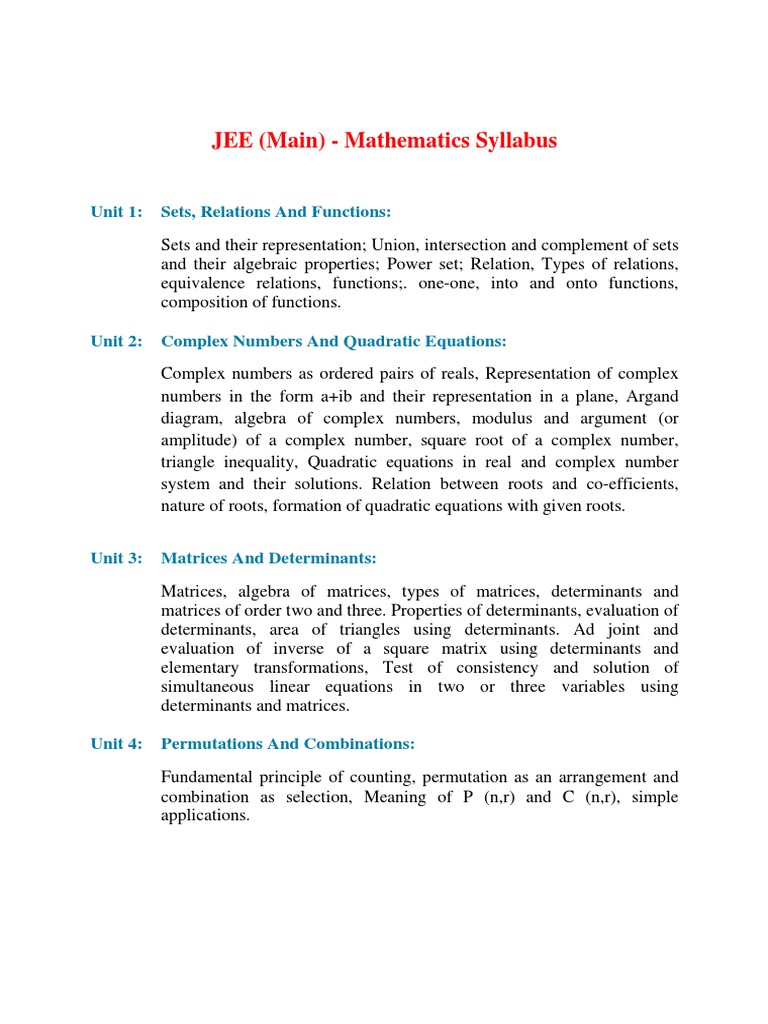 JEE (Main) - Mathematics Syllabus: Unit 1: Sets, Relations and ...
