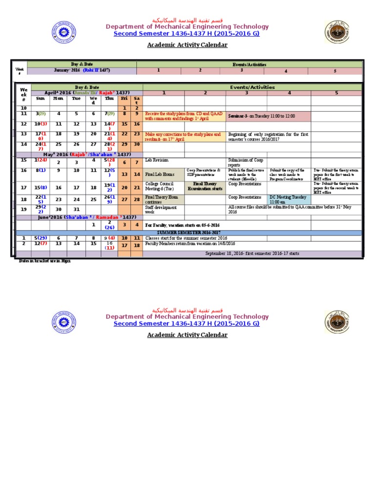 Academic Activity Calendar - Second Semester 2015-16-152 | PDF ...