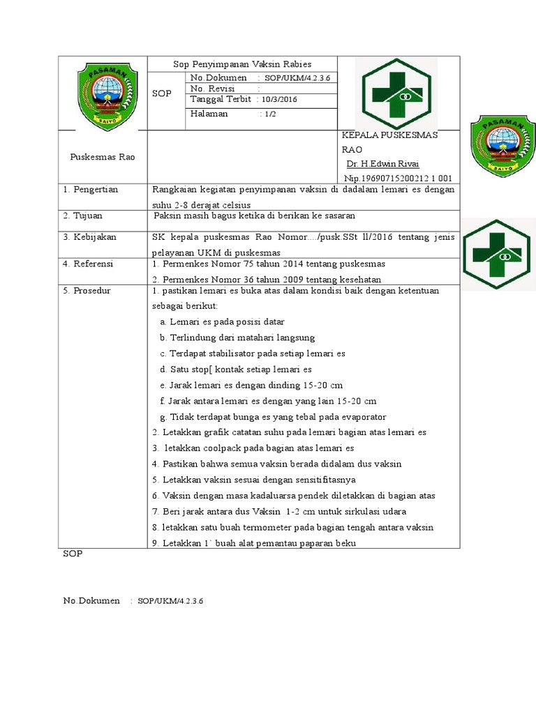 Sop Penyimpanan Vaksin Rabies | PDF
