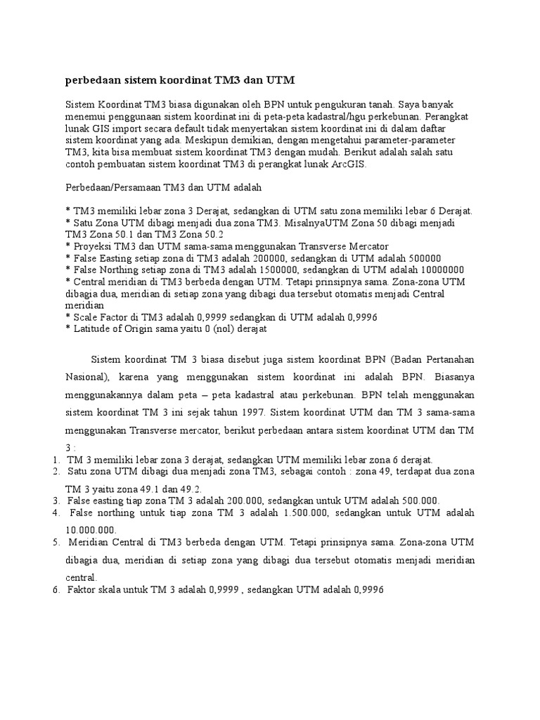 Perbedaan Sistem Koordinat TM3 Dan UTM | PDF