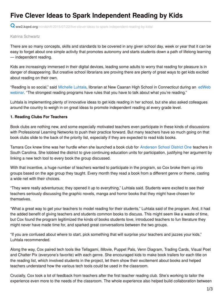 Five Clever Ideas To Spark Independent Reading by Kids | PDF ...