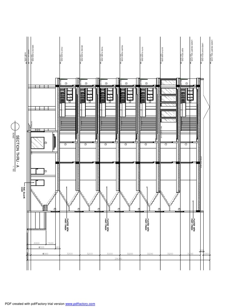 Elevation and Section Drawing Depicting Seven Levels of a Multi-Story ...