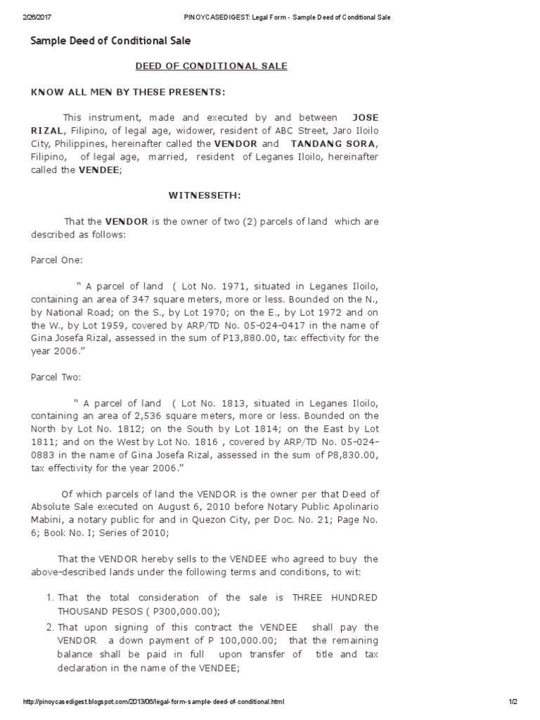 Sample Deed of Conditional Sale | Common Law | Government