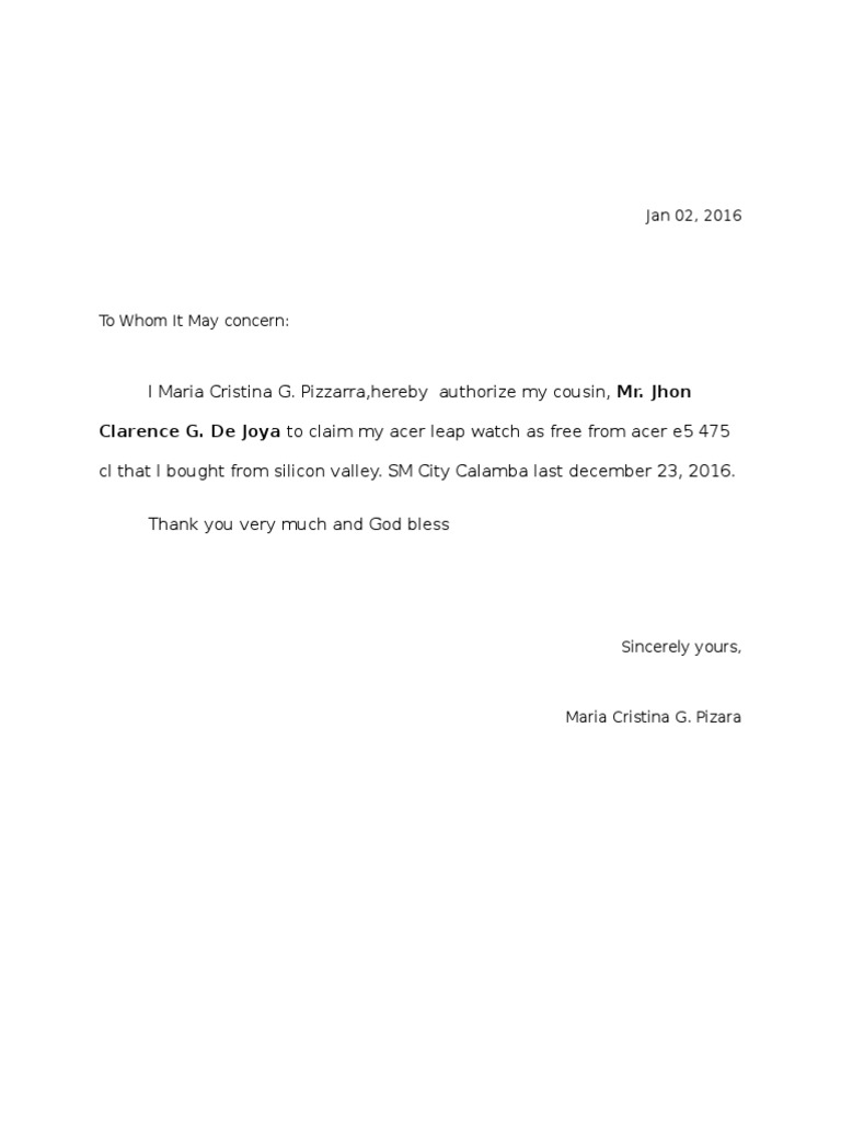 I Maria Cristina G. Pizzarra, Hereby Authorize My Cousin, Mr. Jhon | PDF