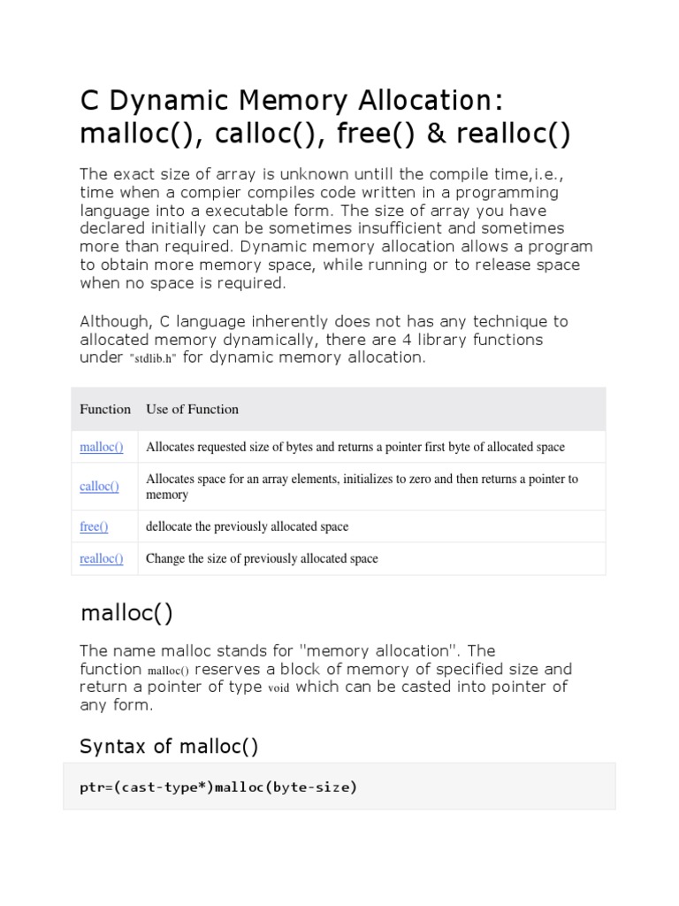 C Dynamic Memory Allocation | PDF