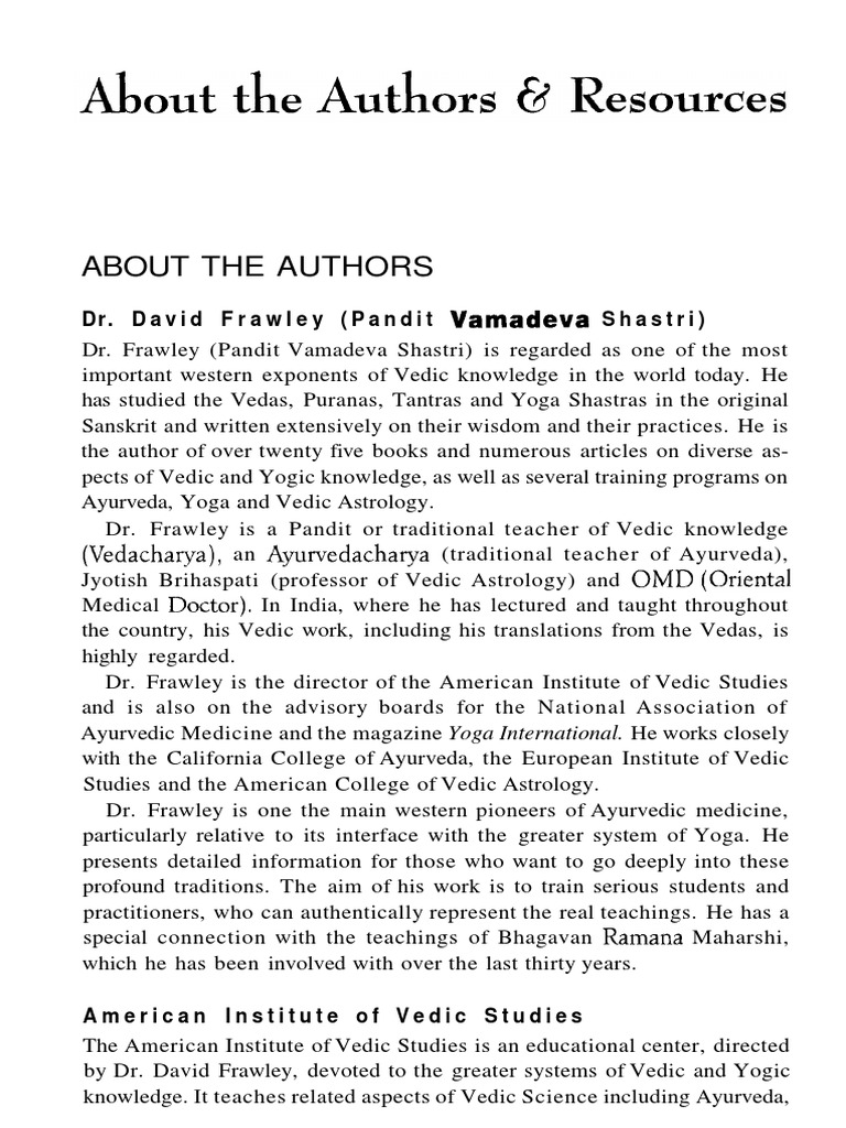 About The Authors: Dr. David Frawley (Pandit Vamadeva Shastri) | PDF ...