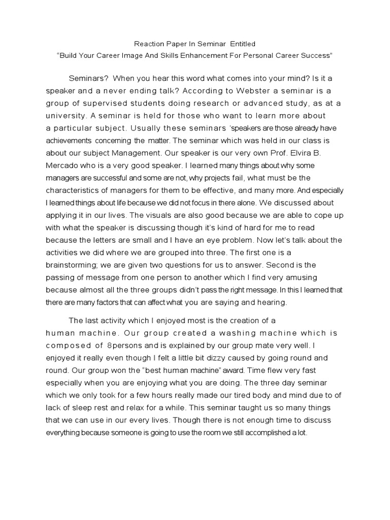 Career Skills Seminar Reaction Paper | PDF | Sex Education | Stereotypes