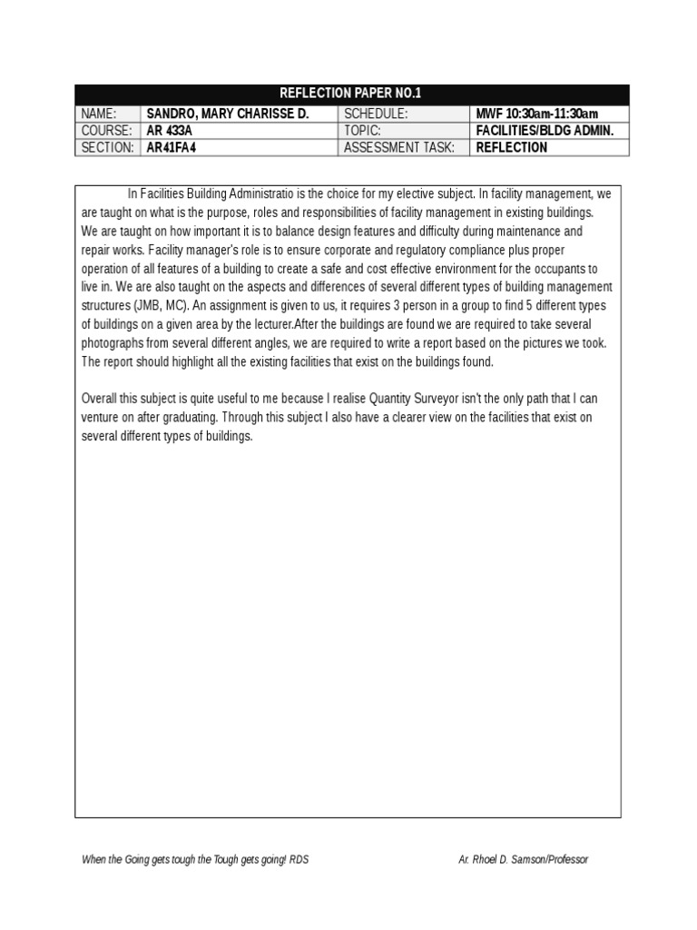 Reflection Paper_facilities Management | Green Building | Personal ...