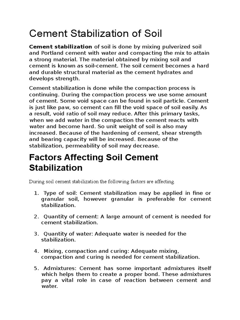 Cement Stabilization of Soil | PDF