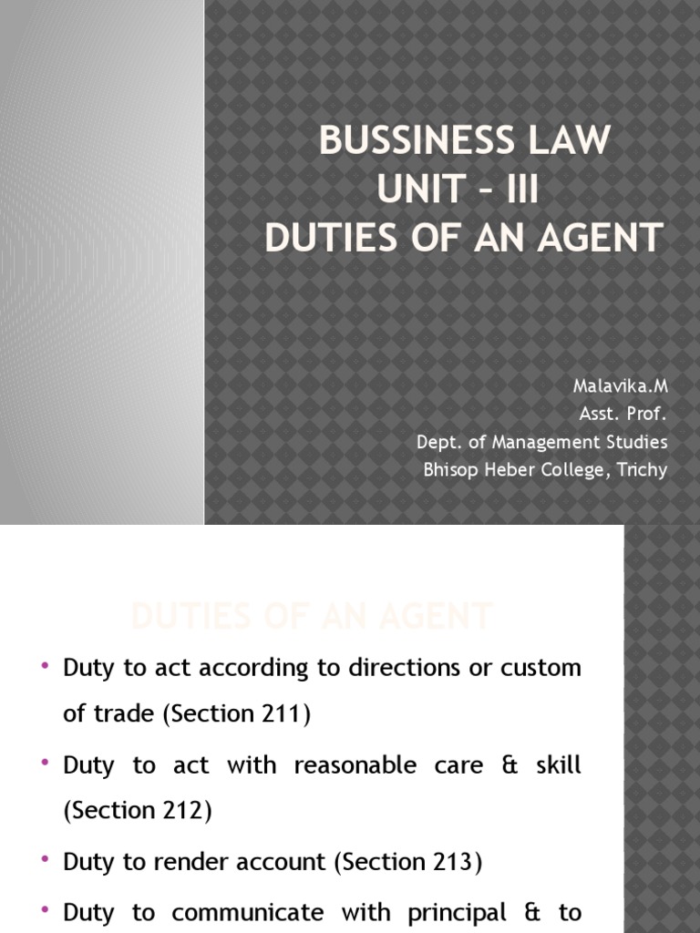 Bussiness Law Unit - Iii Duties of An Agent | PDF | Law Of Agency ...