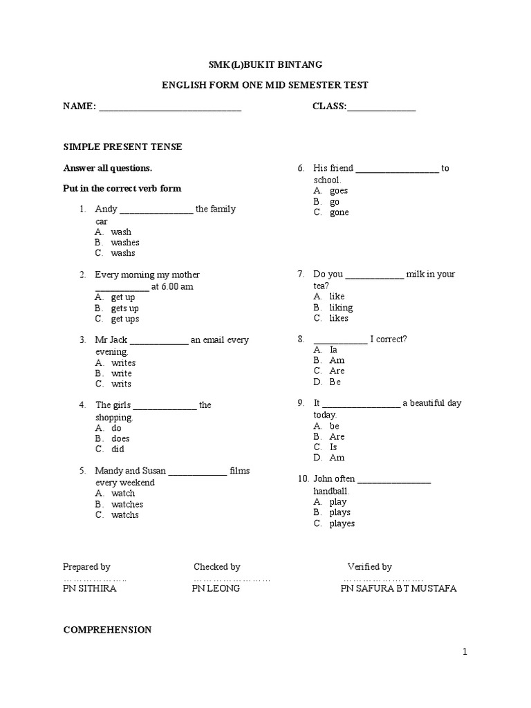 SMK (L) Bukit Bintang English Form One Mid Semester Test NAME: - CLASS ...