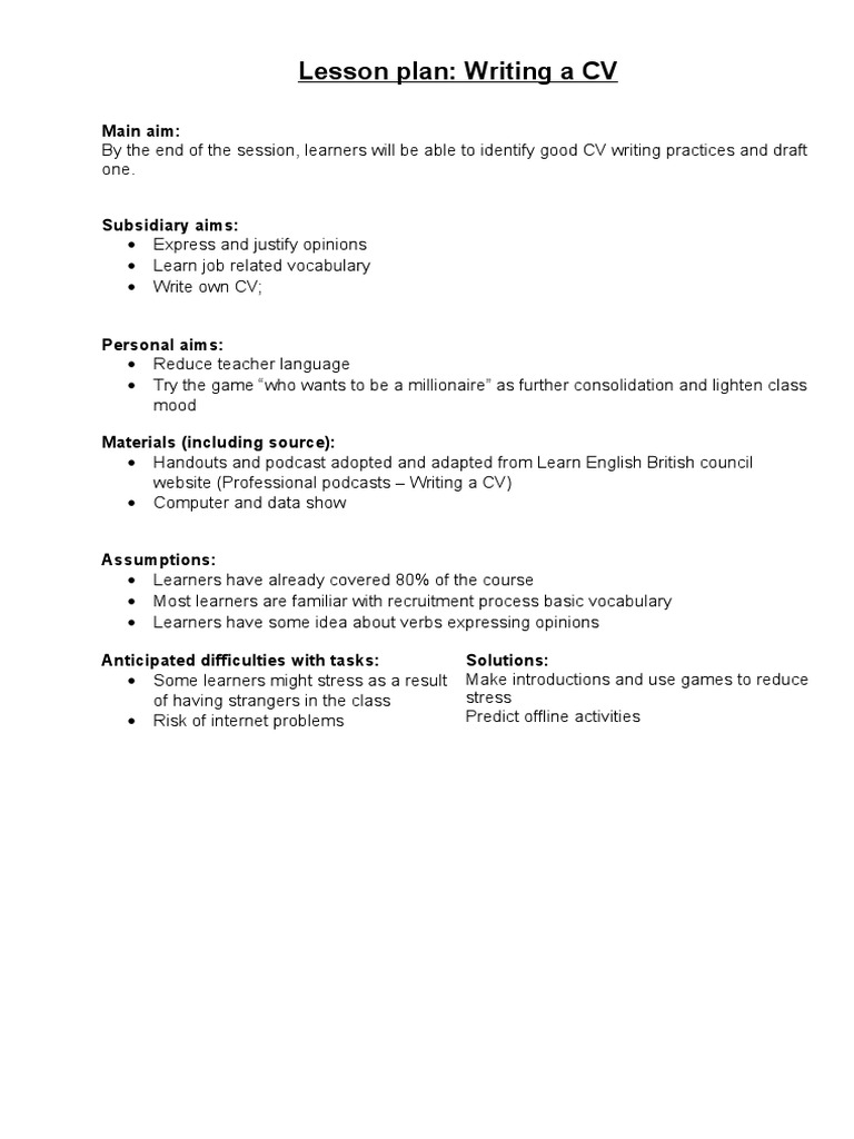 Advice On Writing A CV Lesson Plan | PDF | Lesson Plan | Vocabulary