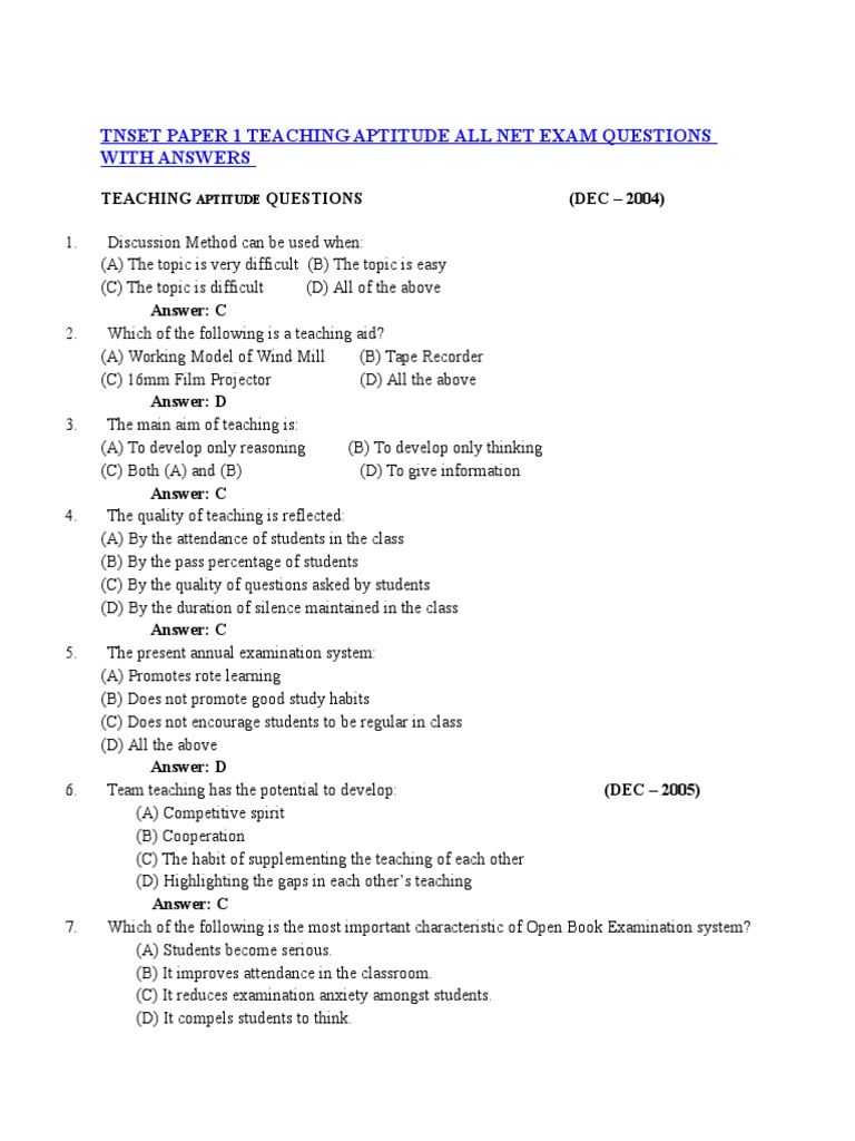 Tnset Paper 1 Teaching Aptitude All Net Exam Questions With Answers ...