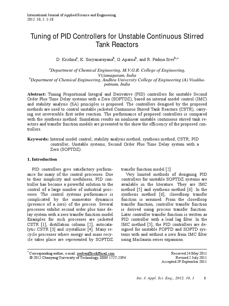 Tuning of PID Controllers For Unstable Continuous Stirred Tank Reactors ...