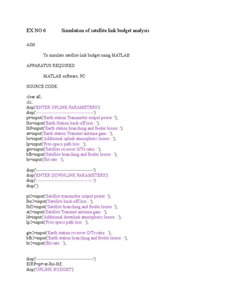 Exno6 Simulation Of Satellite Link Budget Analysis Pdf Broadcasting