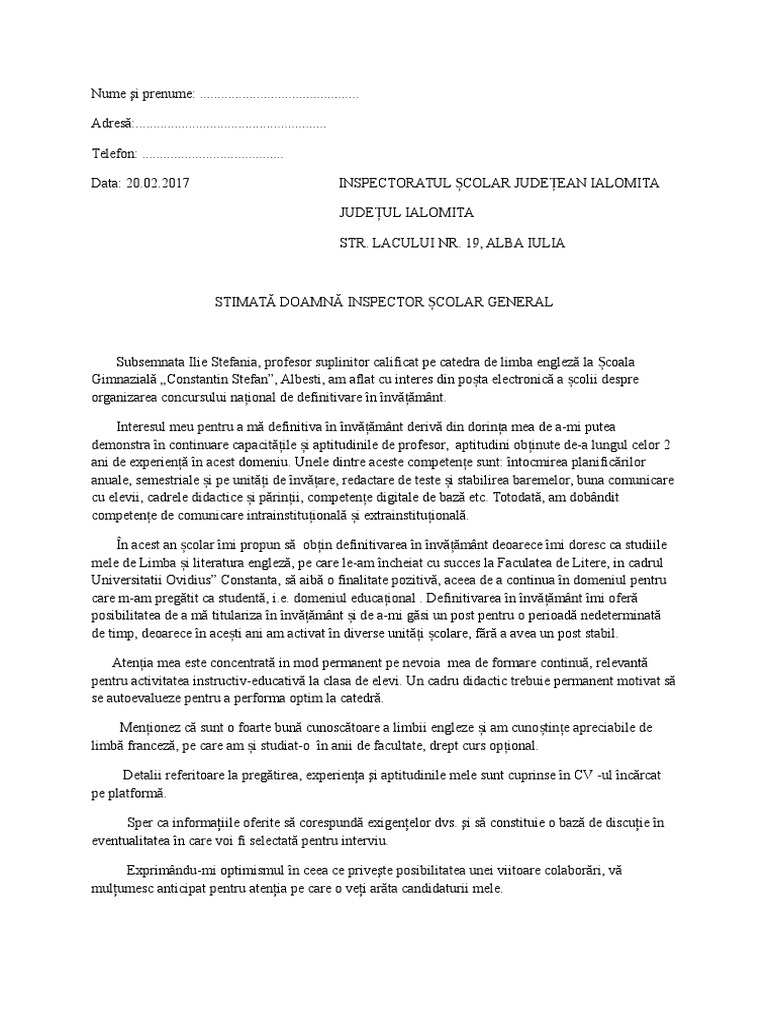 Scrisoare de Intentie Definitivat | PDF