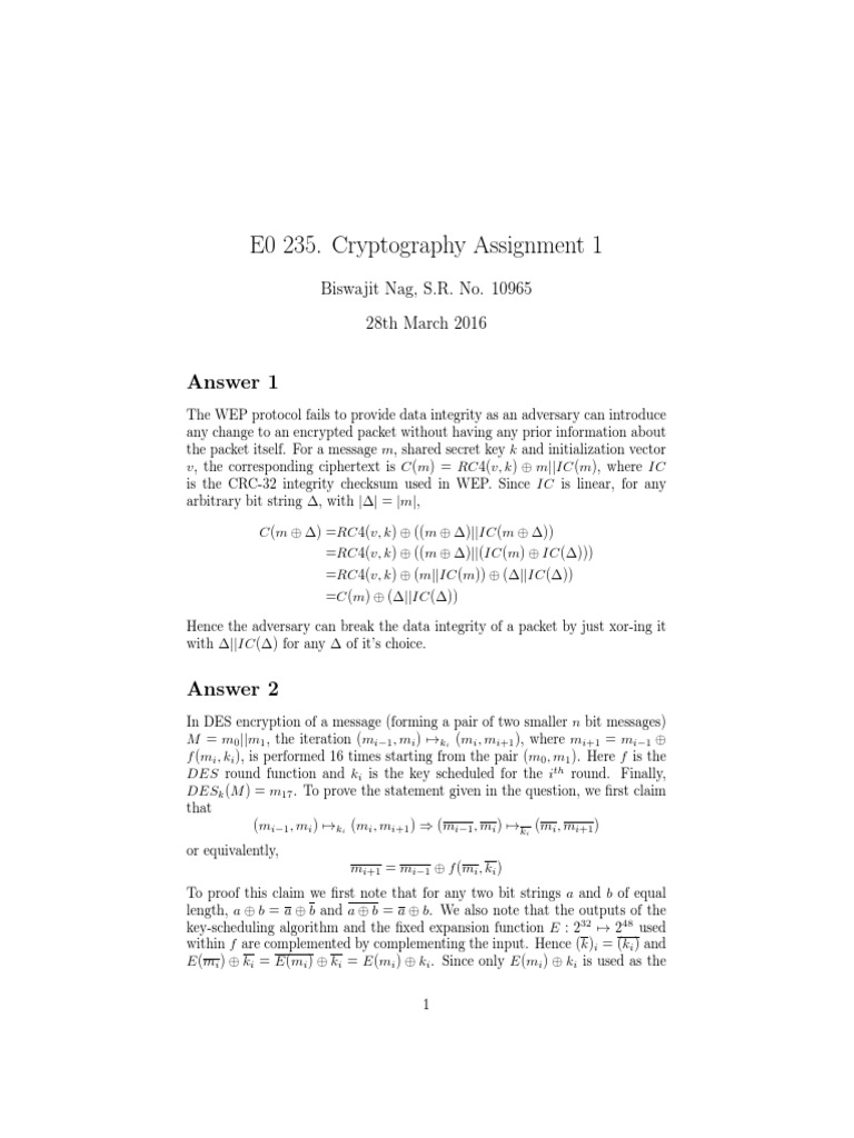 E0 235. Cryptography Assignment 1: Answer 1 | PDF | Cryptography | Secrecy